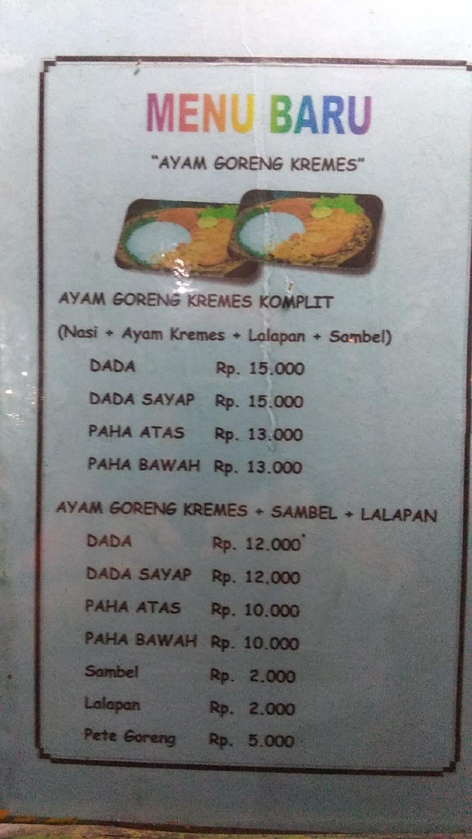 Menu at Nasi Goreng Tentara restaurant, Blora