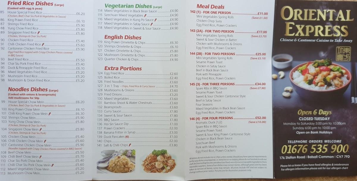 Menu at Oriental Express fast food, Coventry, 176 Station Rd