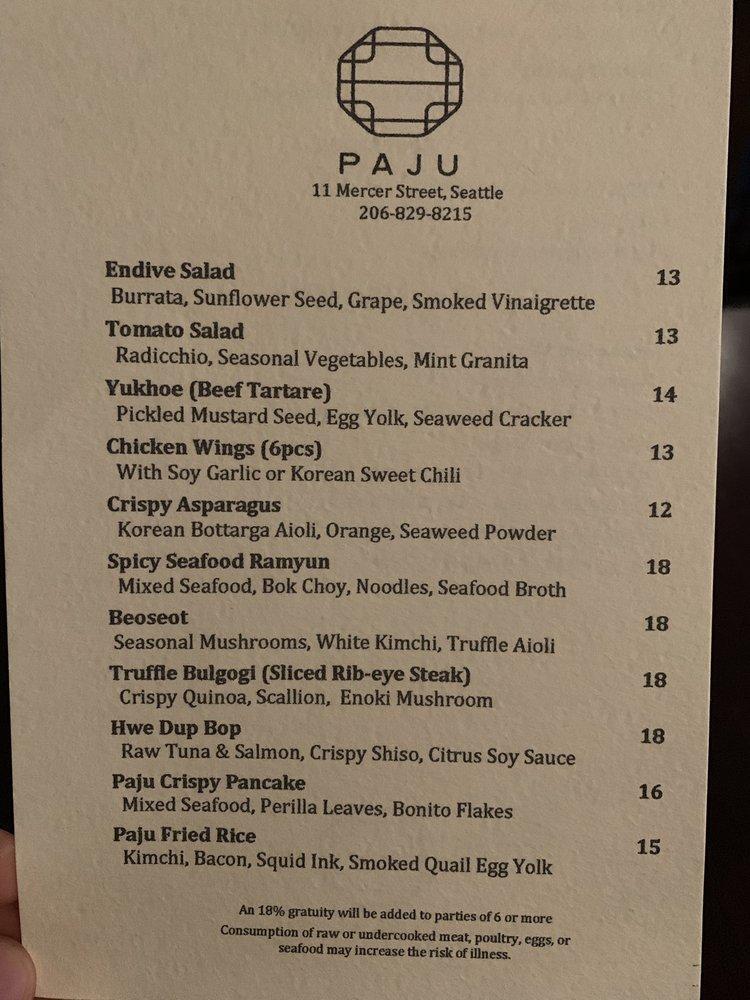 Menu at Paju restaurant, Seattle