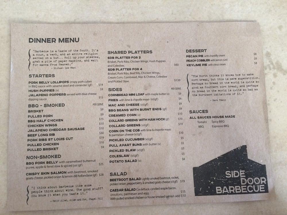 Menu at Side Door Barbecue, Highgate