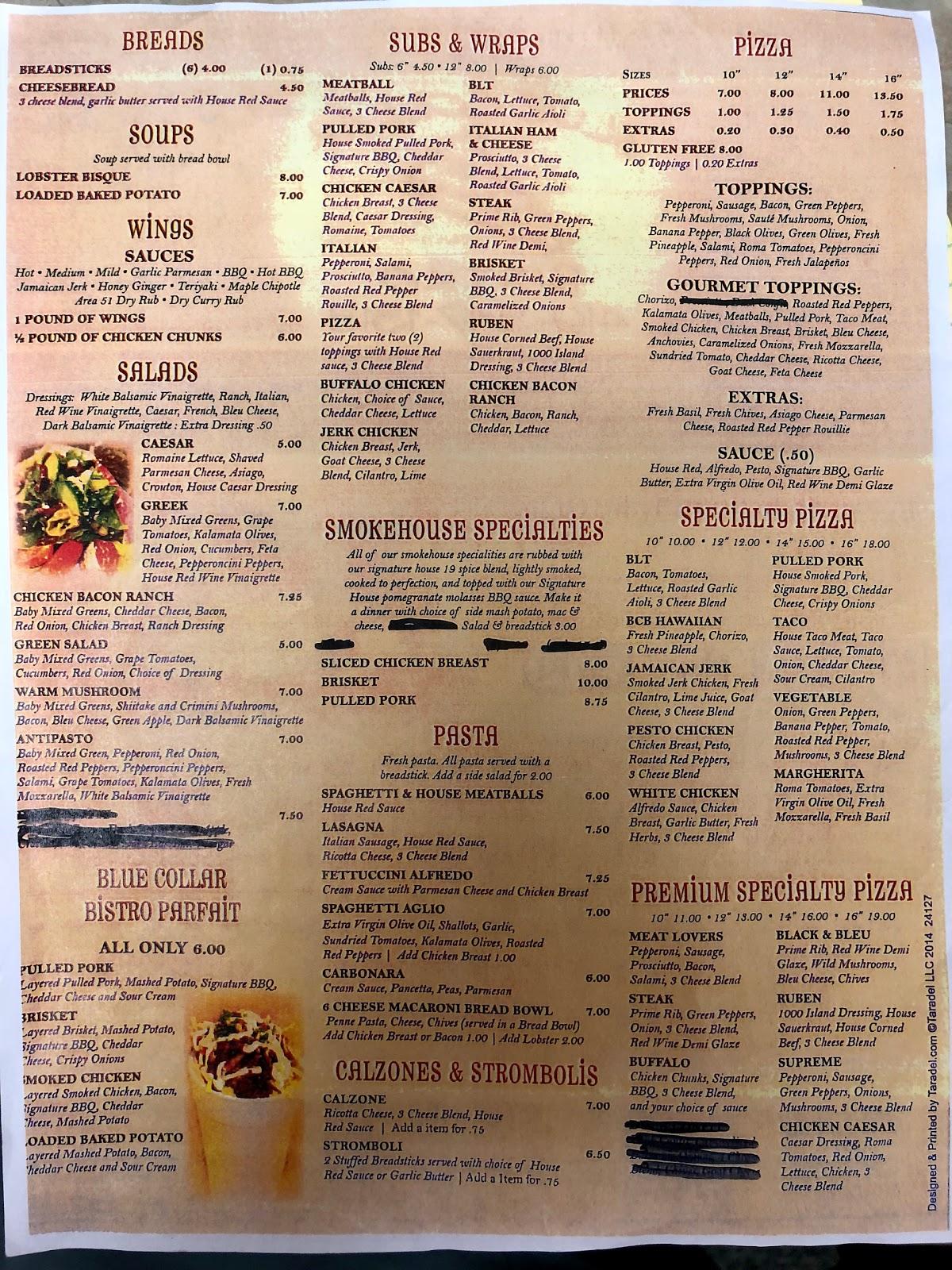Menu at Blue Collar Bistro cafe, Clyde