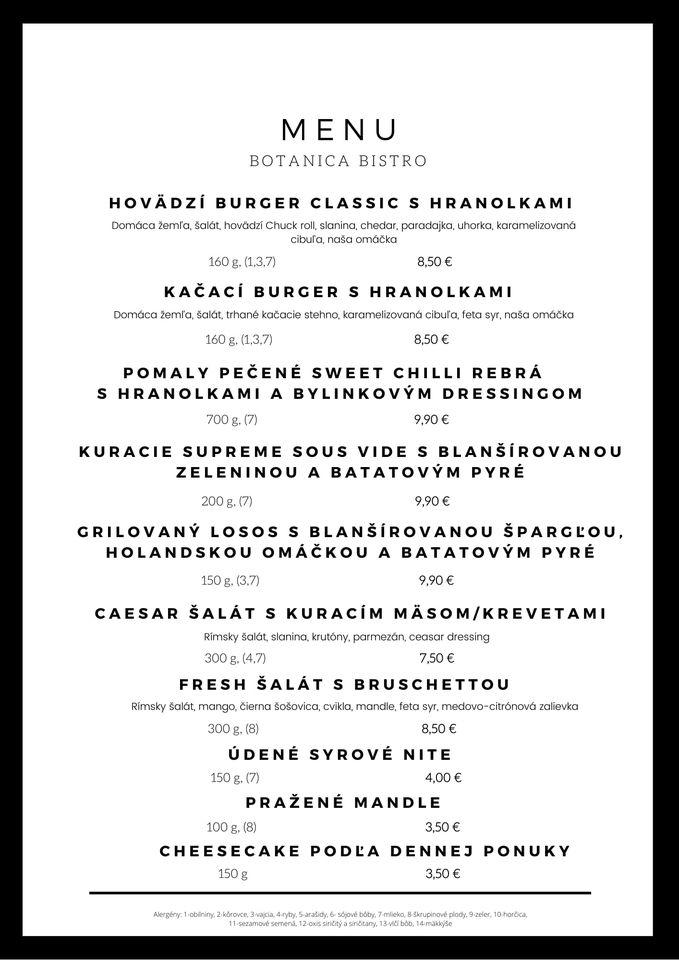 Menu at Botanica bistro restaurant, Dolný Kubín