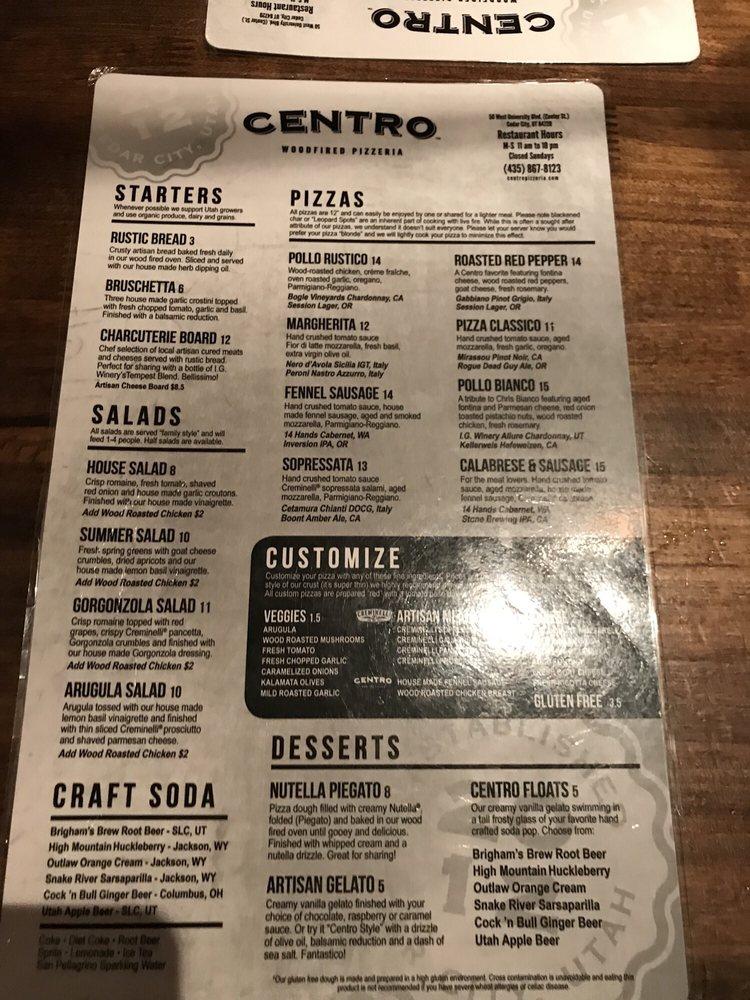 Menu at Centro Woodfired Pizzeria, Cedar City