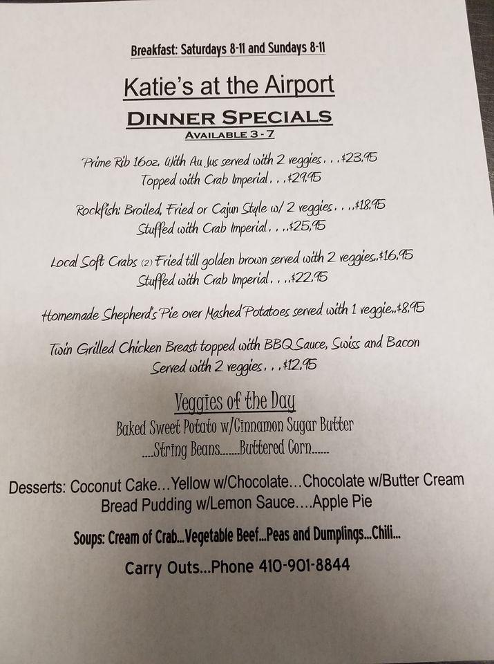 Menu at Katie’s At the Airport restaurant, Cambridge, Bucktown Rd