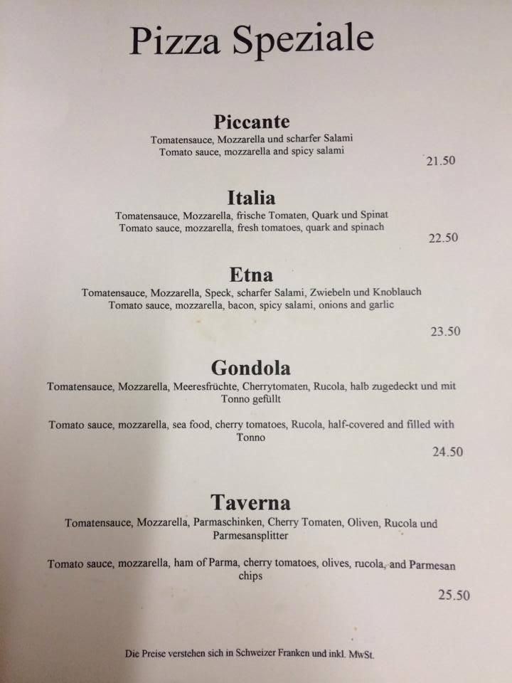 Menu at La Taverna, St. Gallen