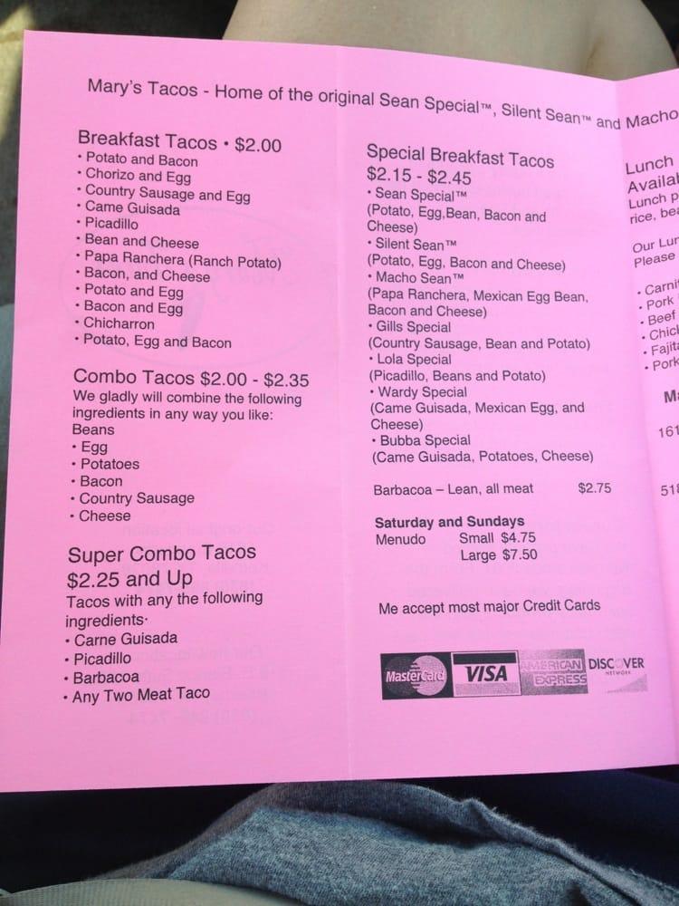 Menu at Mary's Tacos restaurant, Boerne