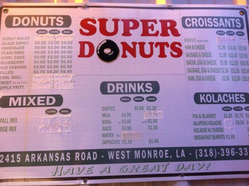 Menu at Super Donuts, West Monroe, Arkansas Rd