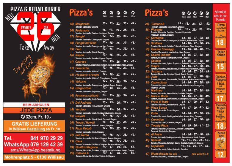 Speisekarte von Twentysix Take Away, Willisau