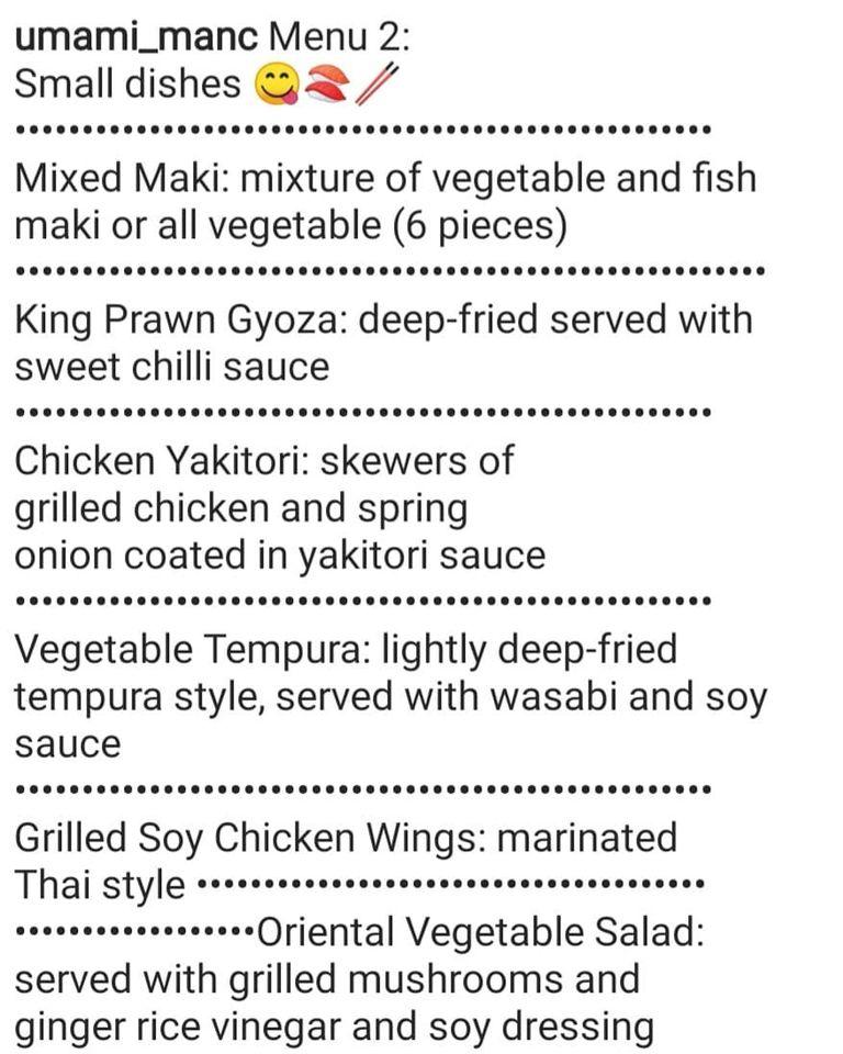 Menu at Umami restaurant, Manchester