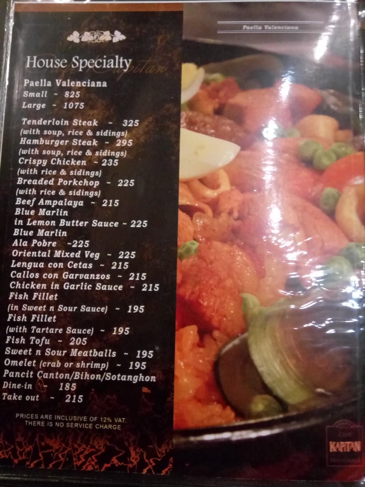 Menu at Cafe Kapitan Restaurant, Marikina, 323 J. P. Rizal St