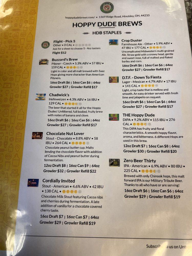 Menu at Hoppy Dude Brews, North Royalton