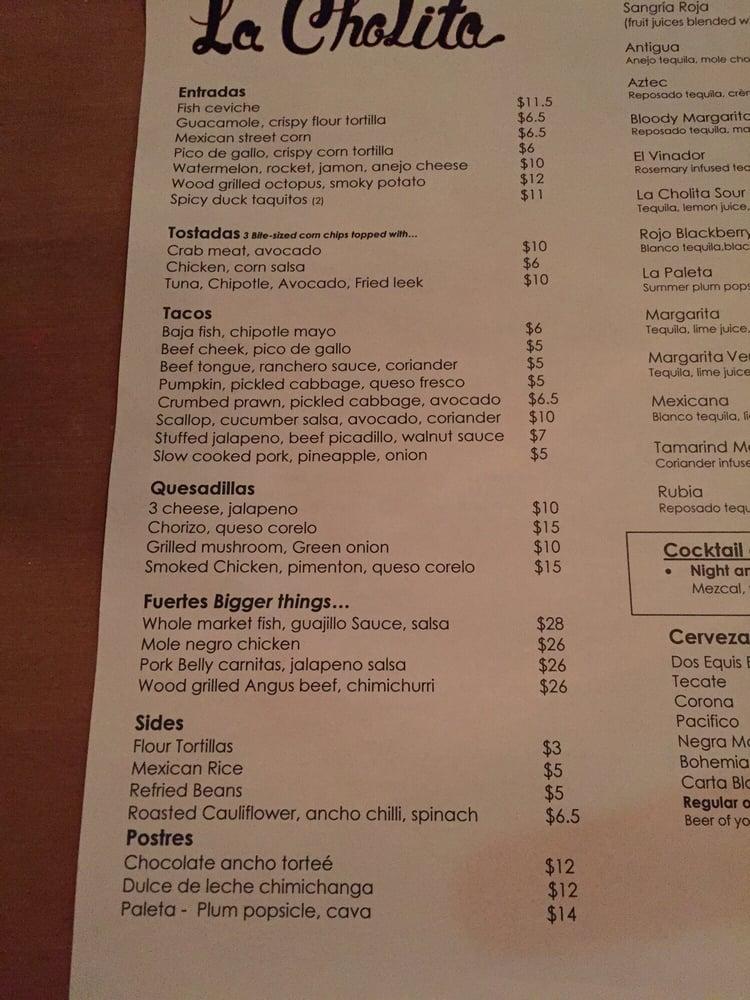 Menu at La Cholita pub & bar, Northbridge