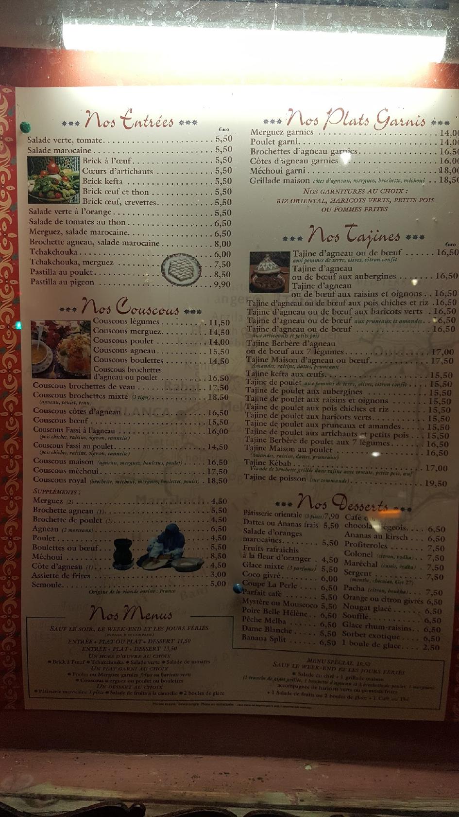Menu at La Perle du Maroc restaurant, Maisons-Alfort