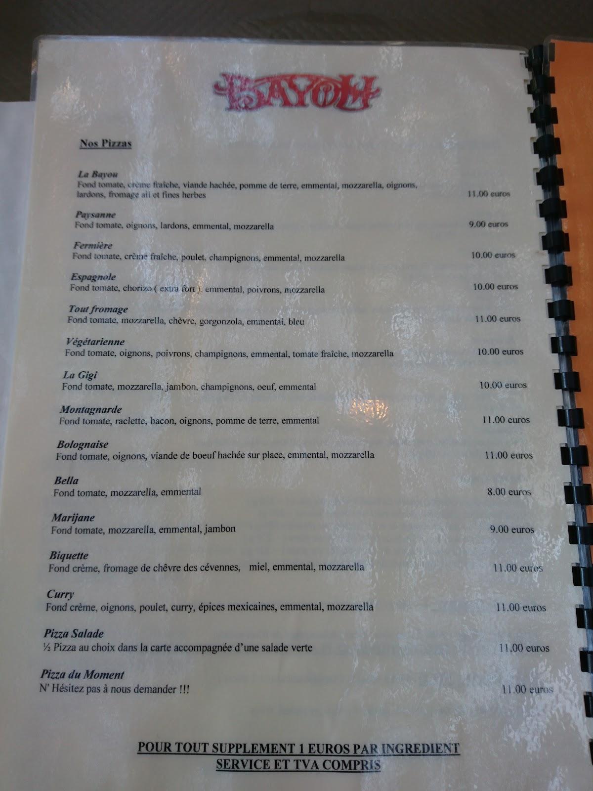 Menu au Le Bayou restaurant, Tornac
