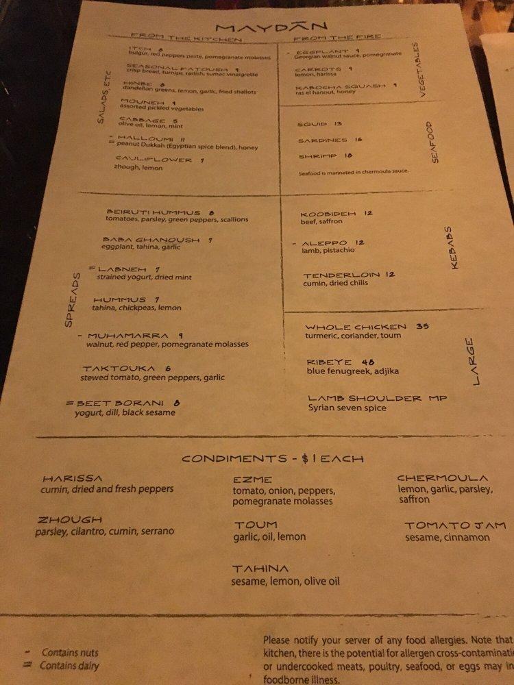 Menu at Maydan restaurant, Washington, Florida Ave NW