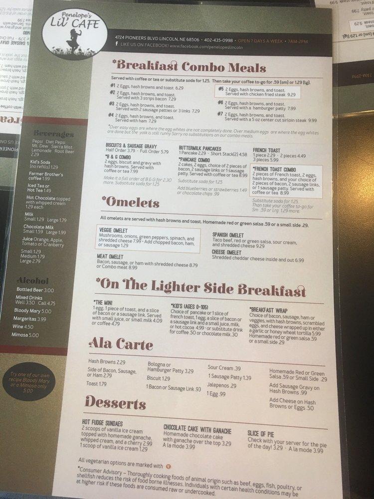 Menu at Penelope's Lil' Cafe, Lincoln