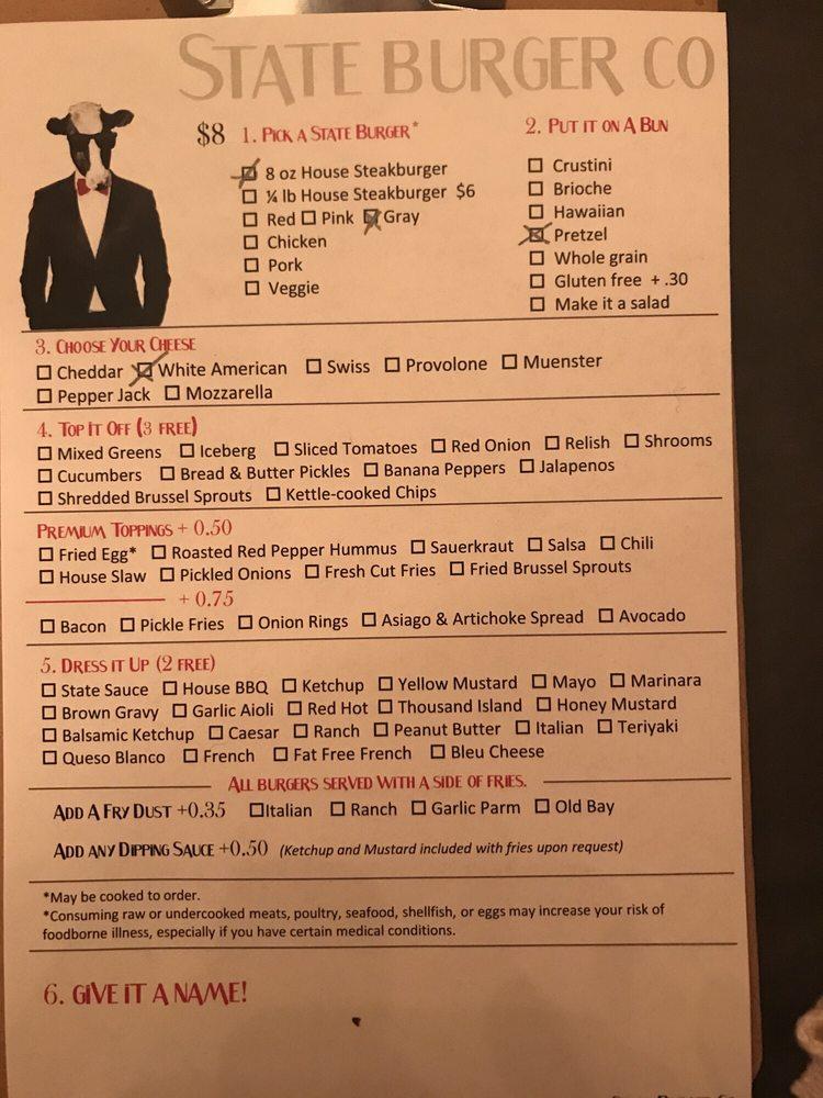 Menu at State Burger Co. restaurant, Bellefonte