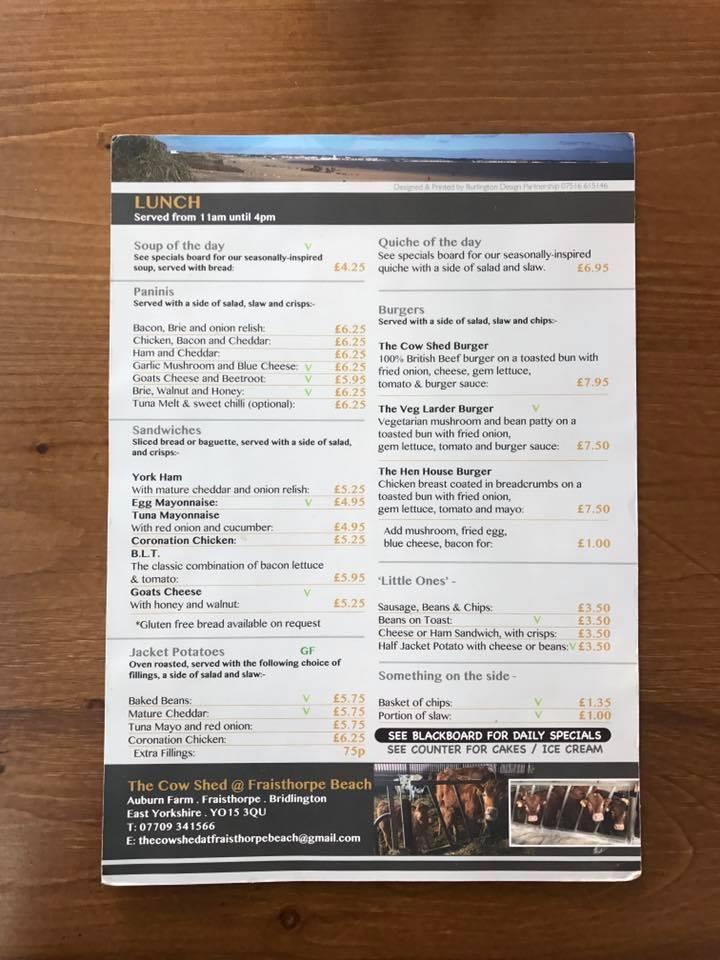 Menu at The Cow Shed At Fraisthorpe Beach cafe, Bridlington