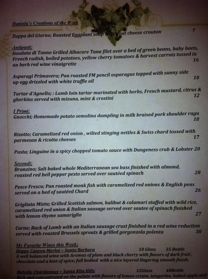 Menu at Trattoria I Trulli Restaurant, Encinitas