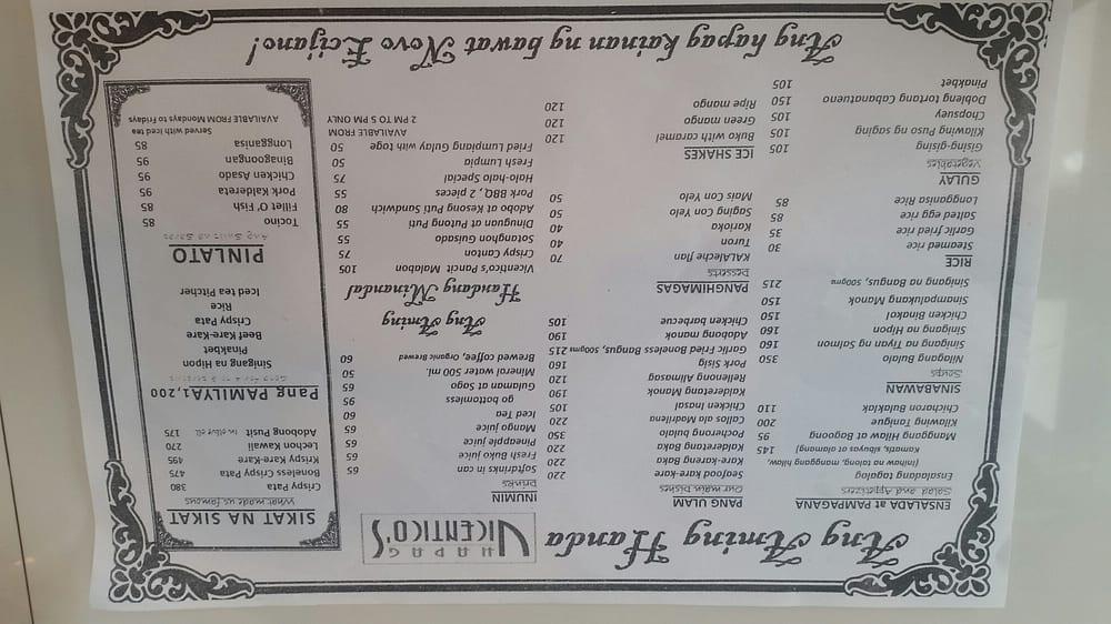 Menu at Hapag Vicenticos restaurant, Cabanatuan City