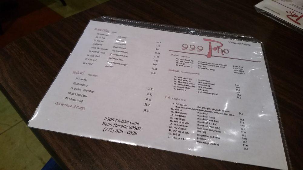 Menu at 999 Phở restaurant, Reno, Kietzke Ln