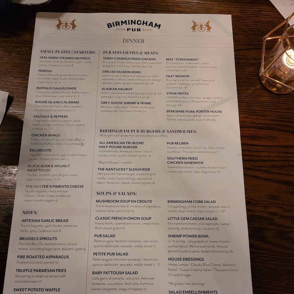 Menu at Birmingham Pub, Birmingham