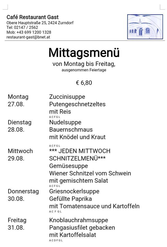Speisekarte von Cafe-Restaurant Gast, Zurndorf