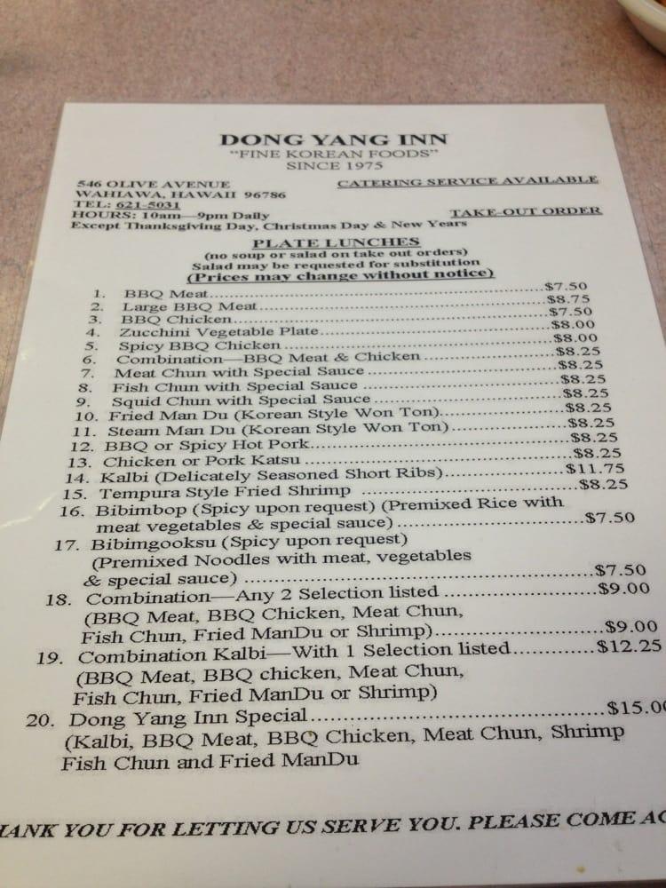Menu at Dong Yang Inn restaurant, Wahiawa