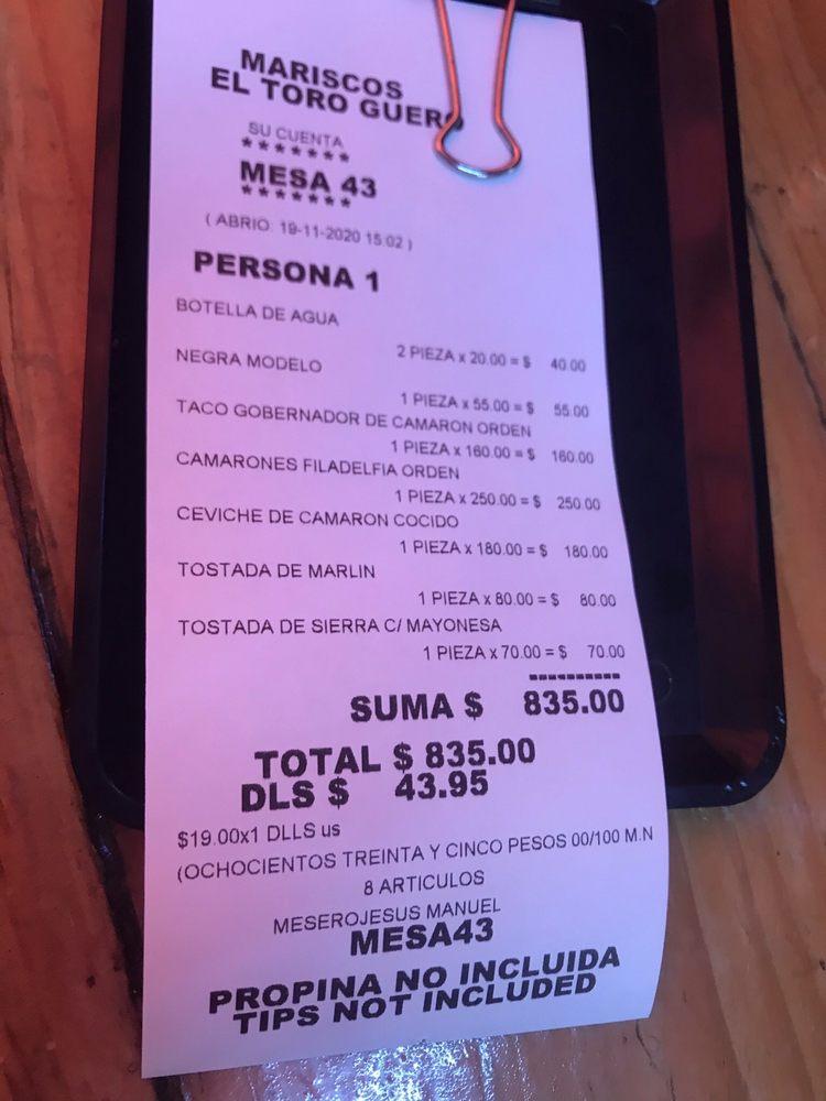 Menu at El Toro Guero Seafood restaurant, Cabo San Lucas