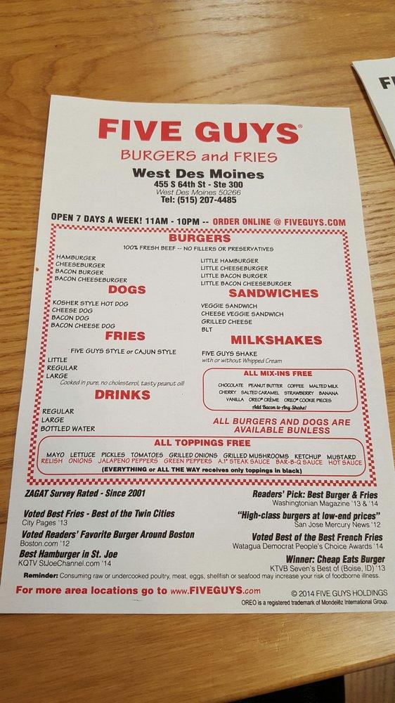 Menu at Five Guys fast food, West Des Moines, 455 S 64th St #300