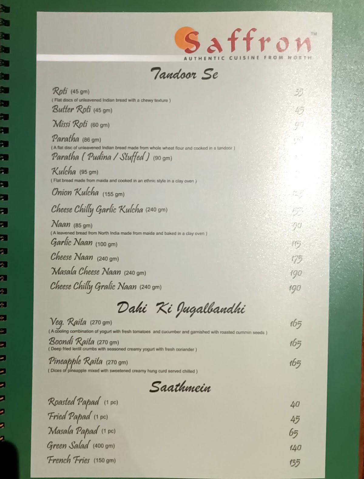 Menu at Saffron Restaurant, Ahmedabad, Nr Residency