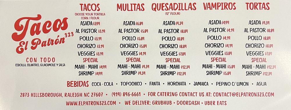 Carta del restaurante Tacos El Patron 323, Raleigh, Hillsborough St