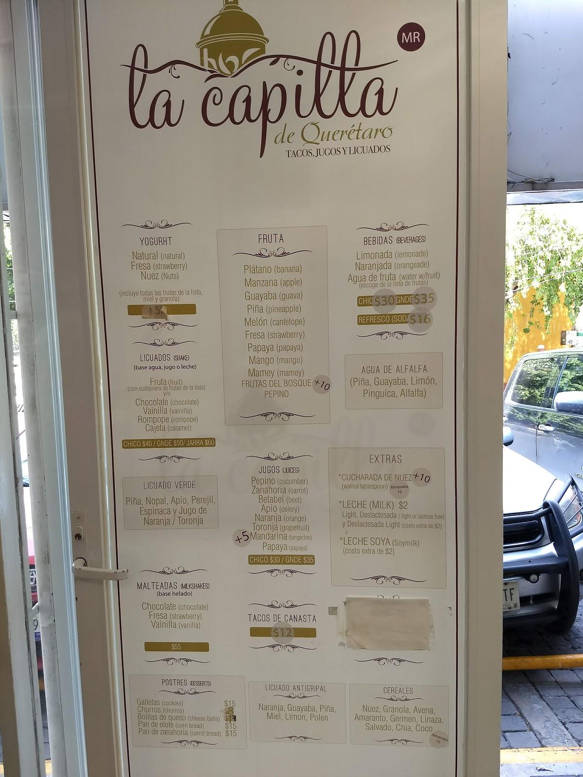 Carta de cafetería Tacos de la Capilla, Santiago de Querétaro, Jesús ...