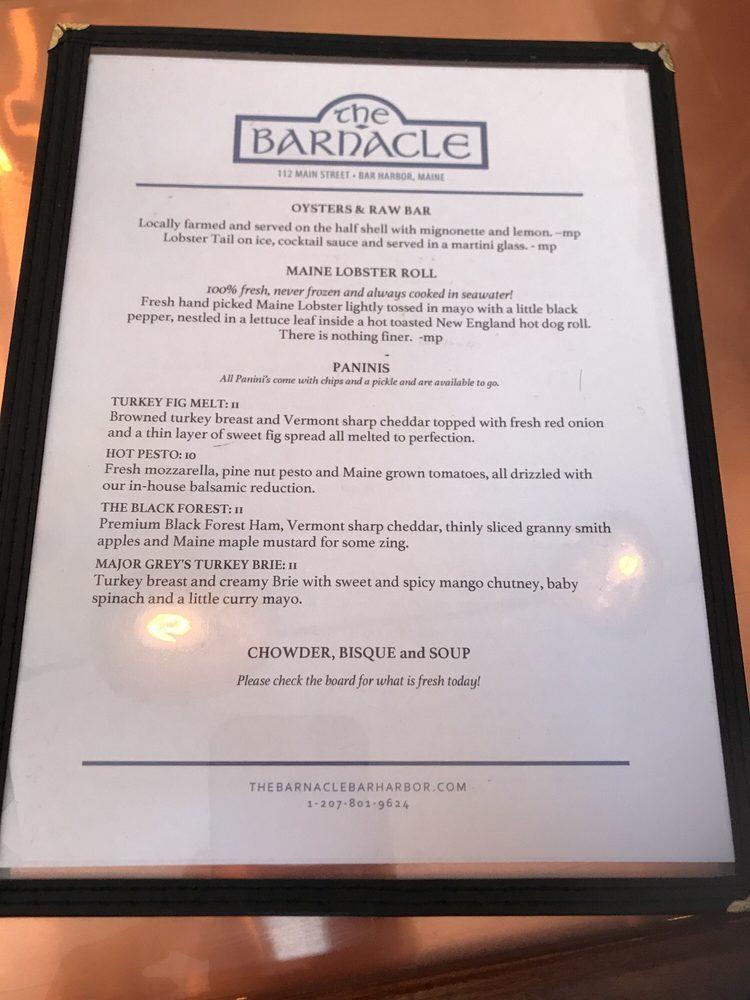Menu at The Barnacle, Bar Harbor