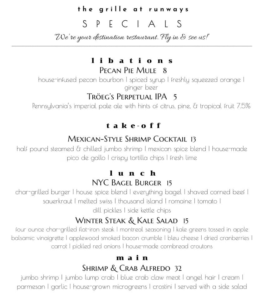 Carta del restaurante The Grille at Runways, Hagerstown, Henson Blvd