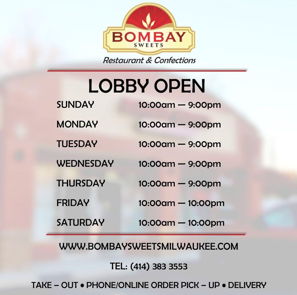 Menu at Bombay Sweets restaurant, Milwaukee, South 13th Street