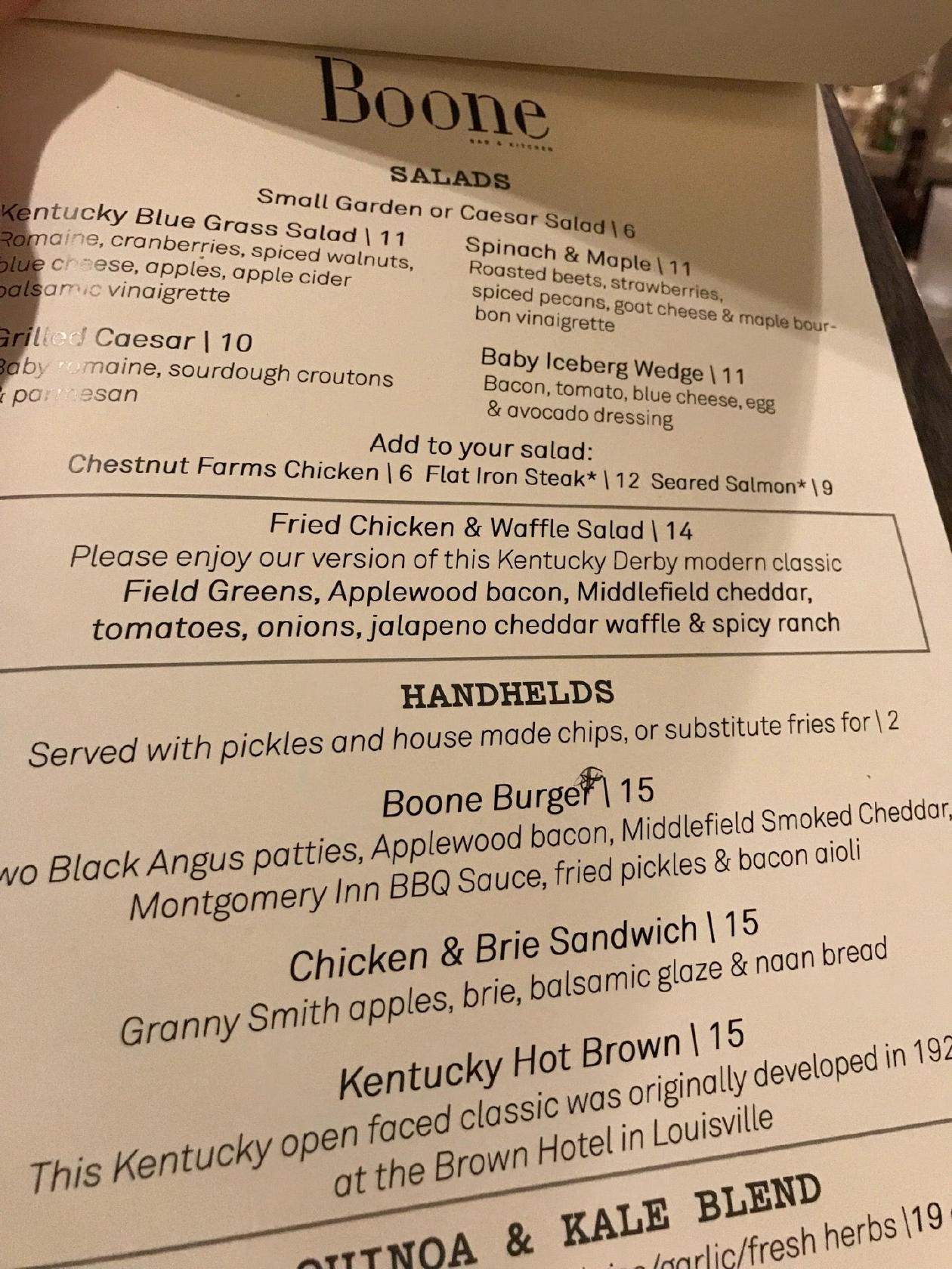Menu at Boone Bar & Kitchen, Hebron