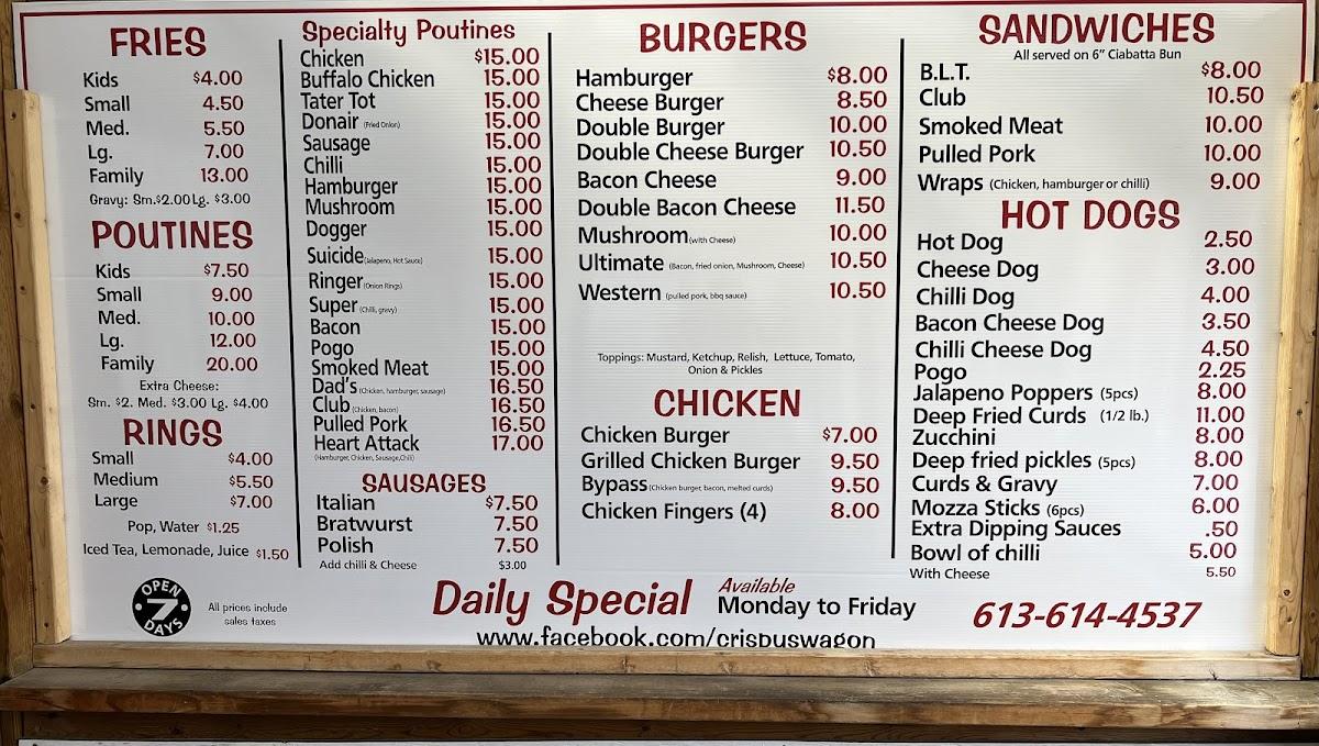 Menu at Crispy Chips fast food, Ottawa, Merivale Rd