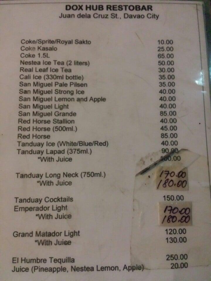 Menu at Dox Hub pub & bar, Davao City