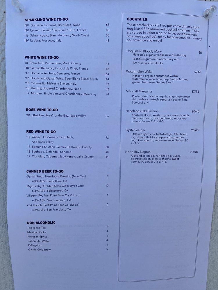 Menu at Hog Island Larkspur restaurant, Larkspur