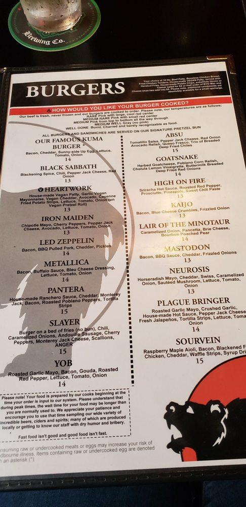 Menu at Kuma's Corner restaurant, Indianapolis