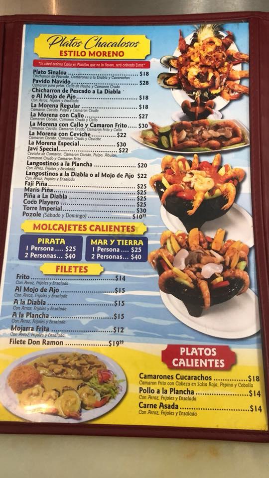 Menu at Mariscos El Moreno restaurant, Lynwood, Atlantic Ave
