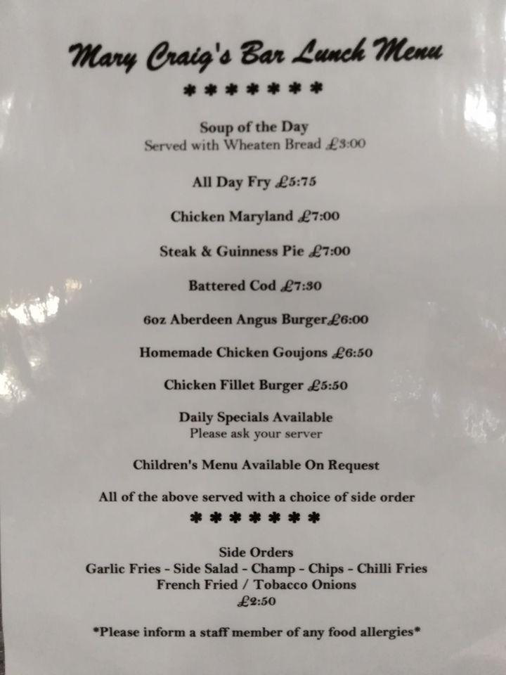 Menu at Mary Craigs pub & bar, Coleraine