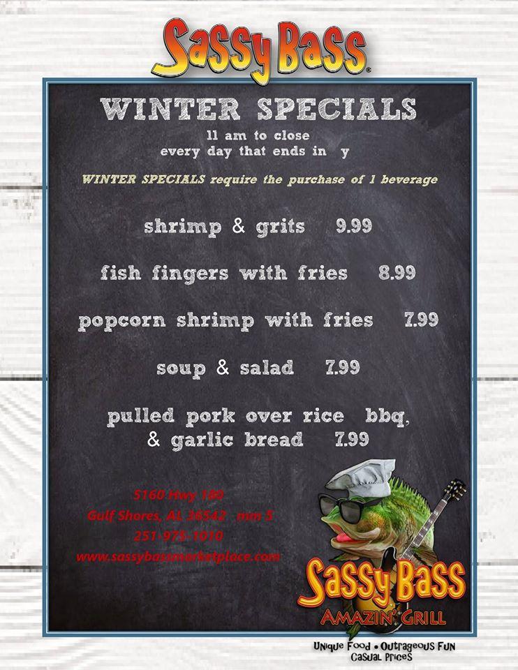 Menu at Sassy Bass Amazin' Grill restaurant, Dauphin Island