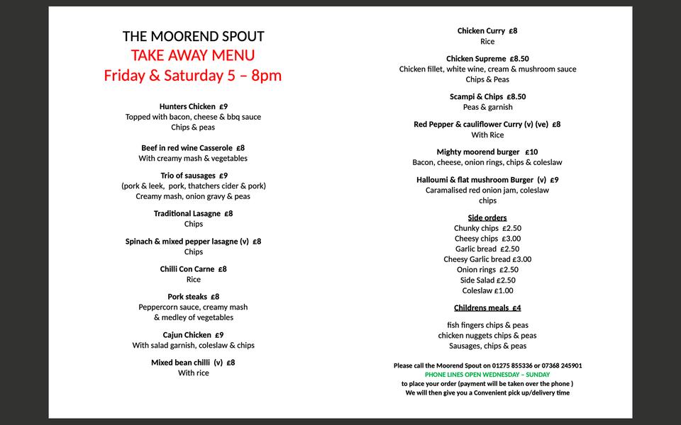 Menu at The Moorend Spout pub & bar, Bristol, 1 Union St