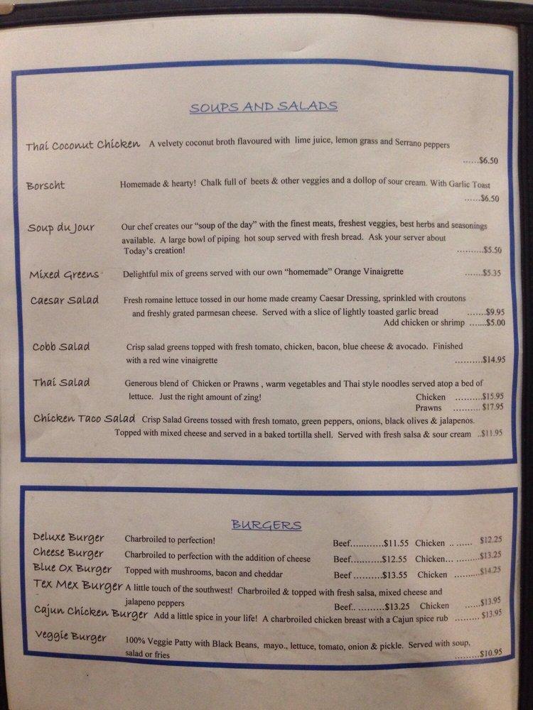 Menu at Blue Ox Pub, Lumby, Vernon St