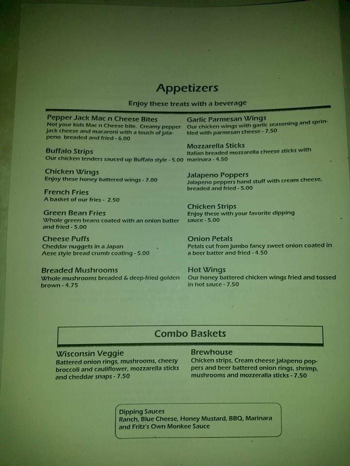 Menu at Fritz's Bar & Grill, Racine