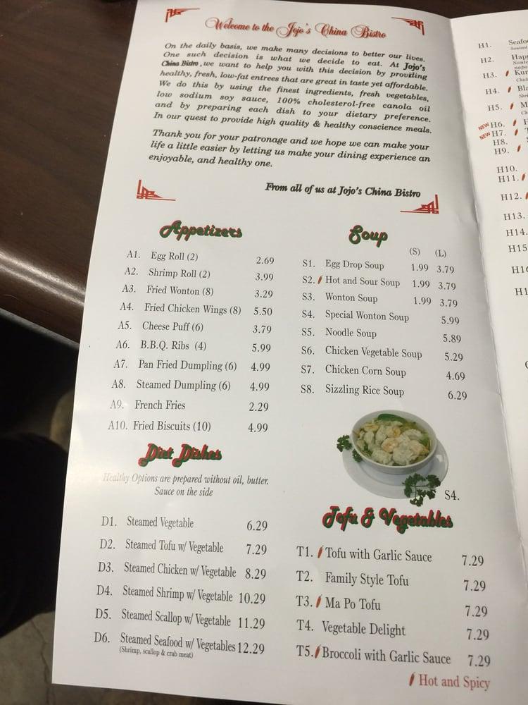 Menu at Jo Jo's China Bistro restaurant, Beaumont