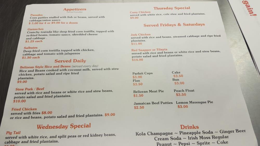 Menu at Taste Of Belize restaurant, Waukegan, Grand Ave