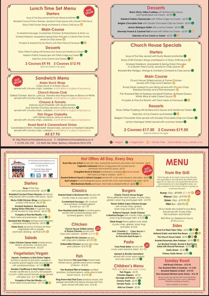 Menu at The Church House pub & bar, Banbury
